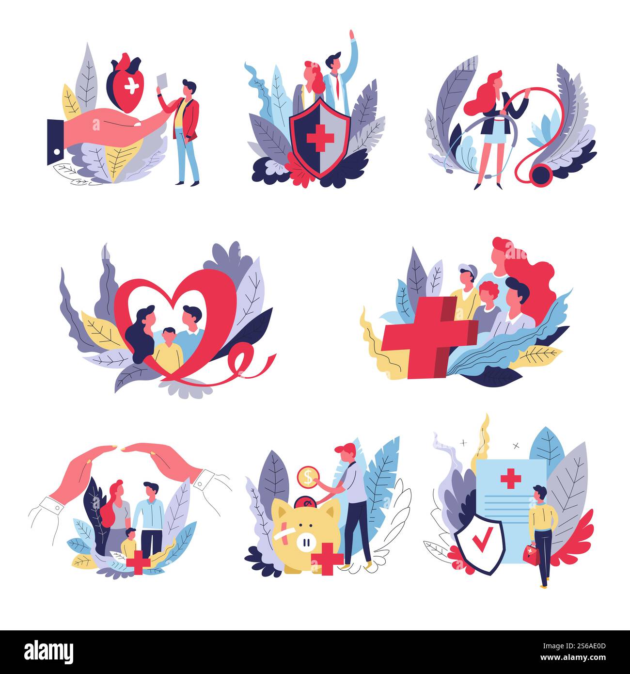 Healthcare medical insurance individual and family pack isolated icons ...