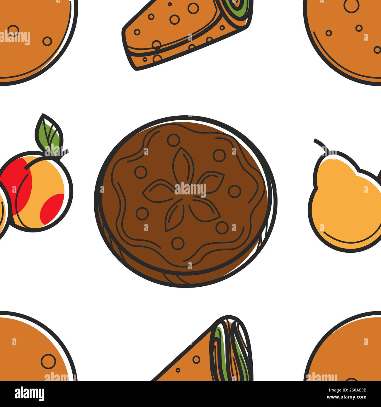 bread loaf fruit and roll Armenian food lavash or pita seamless pattern ...