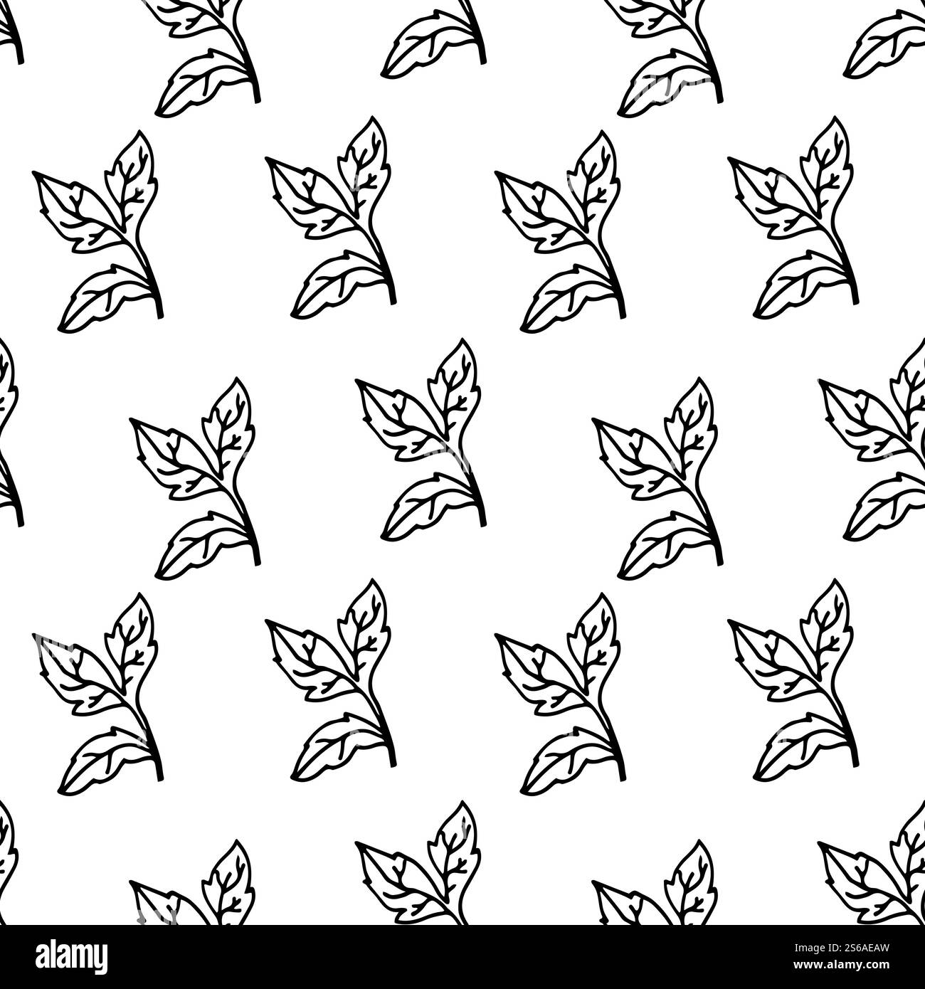 Foliage and plant sprout leaves on stem monochrome seamless pattern ...