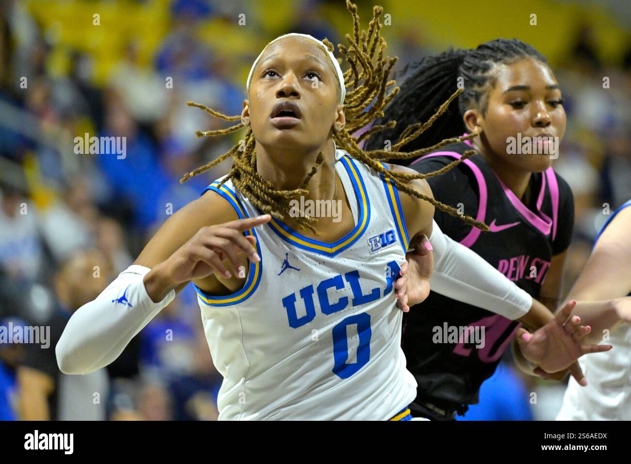 UCLA forward Janiah Barker (0) boxes out Penn State guard Talayah ...