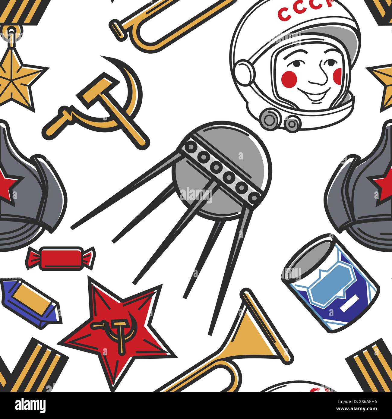 Soviet Union seamless pattern USSR symbols retro items vector spaceman ...