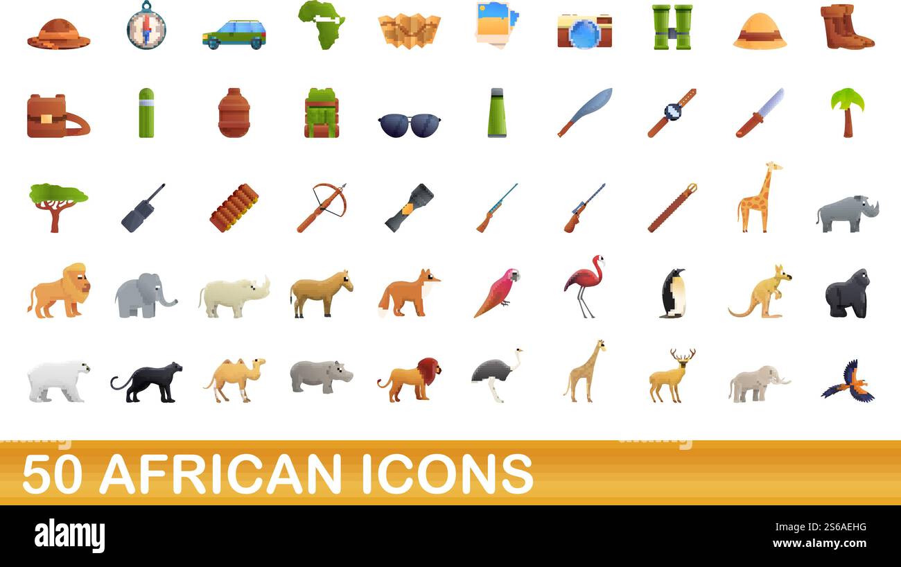 50 african icons set. Cartoon illustration of 50 african icons vector ...