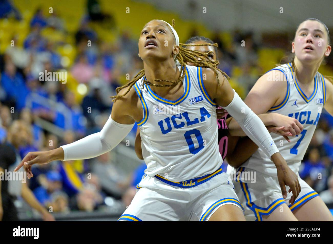 UCLA forward Janiah Barker (0) boxes out Penn State guard Talayah ...