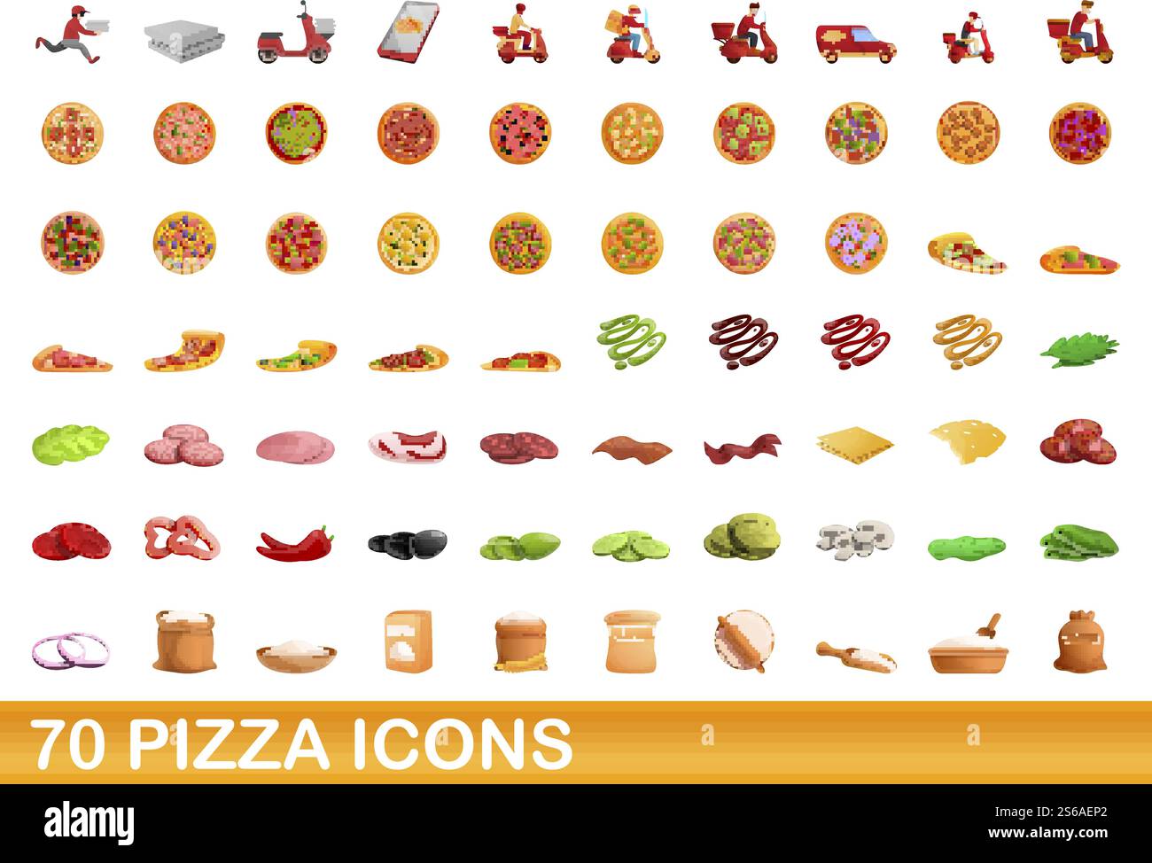 70 pizza icons set. Cartoon illustration of 70 pizza icons vector set ...