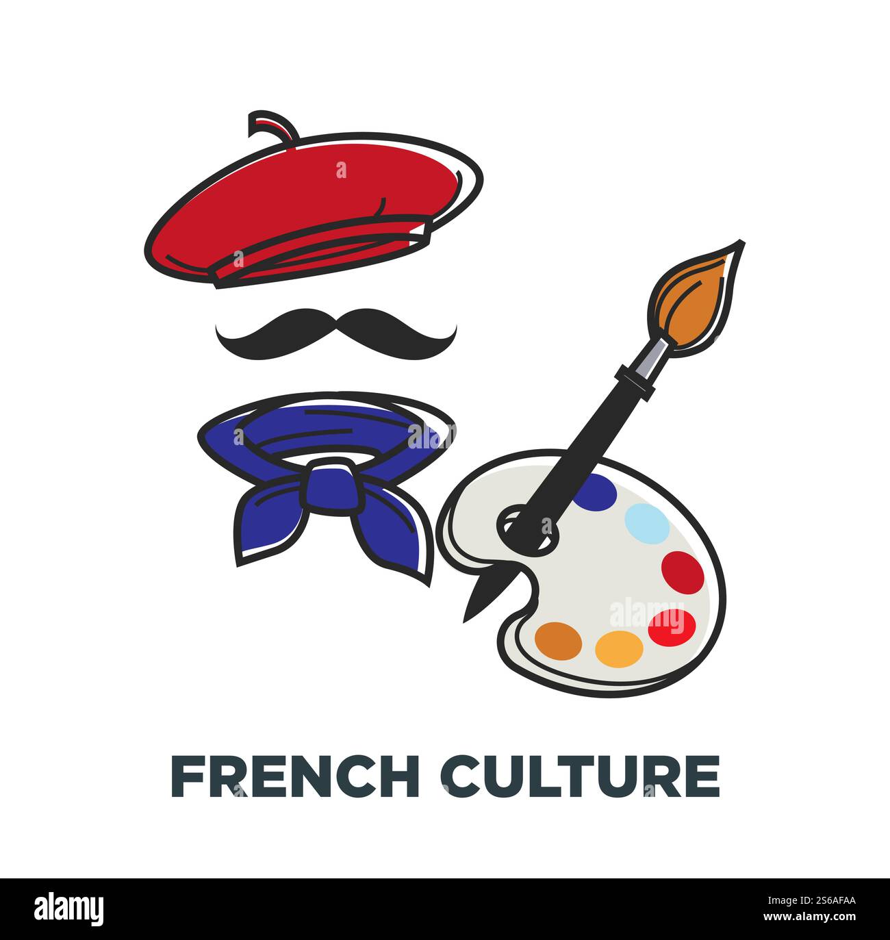 Beret and neckerchief paint brush and palette French culture symbols of ...