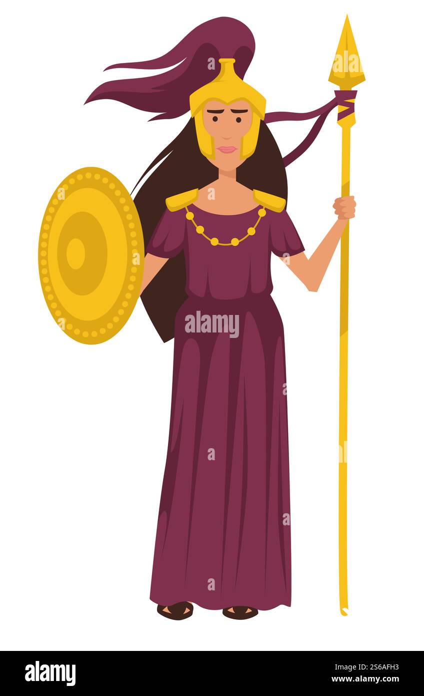 Ancient Greek Goddess Athena in gold armor isolated female character vector woman in helmet with ...