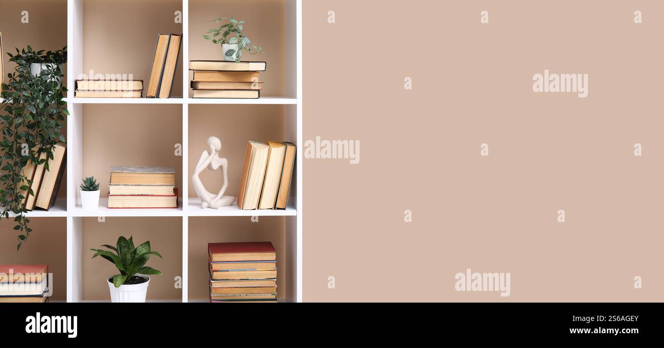 Modern shelving unit with books and decor near beige wall, closeup ...