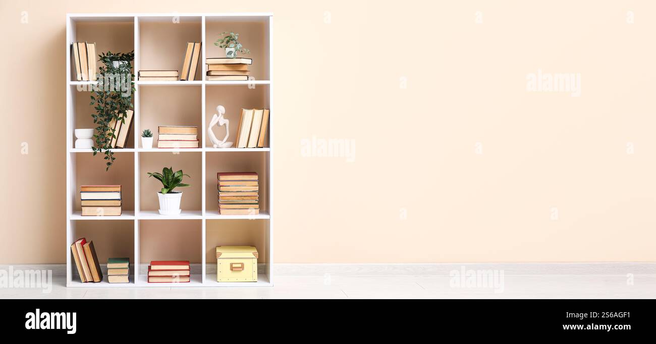Modern shelving unit with books, houseplants and decorations near beige ...