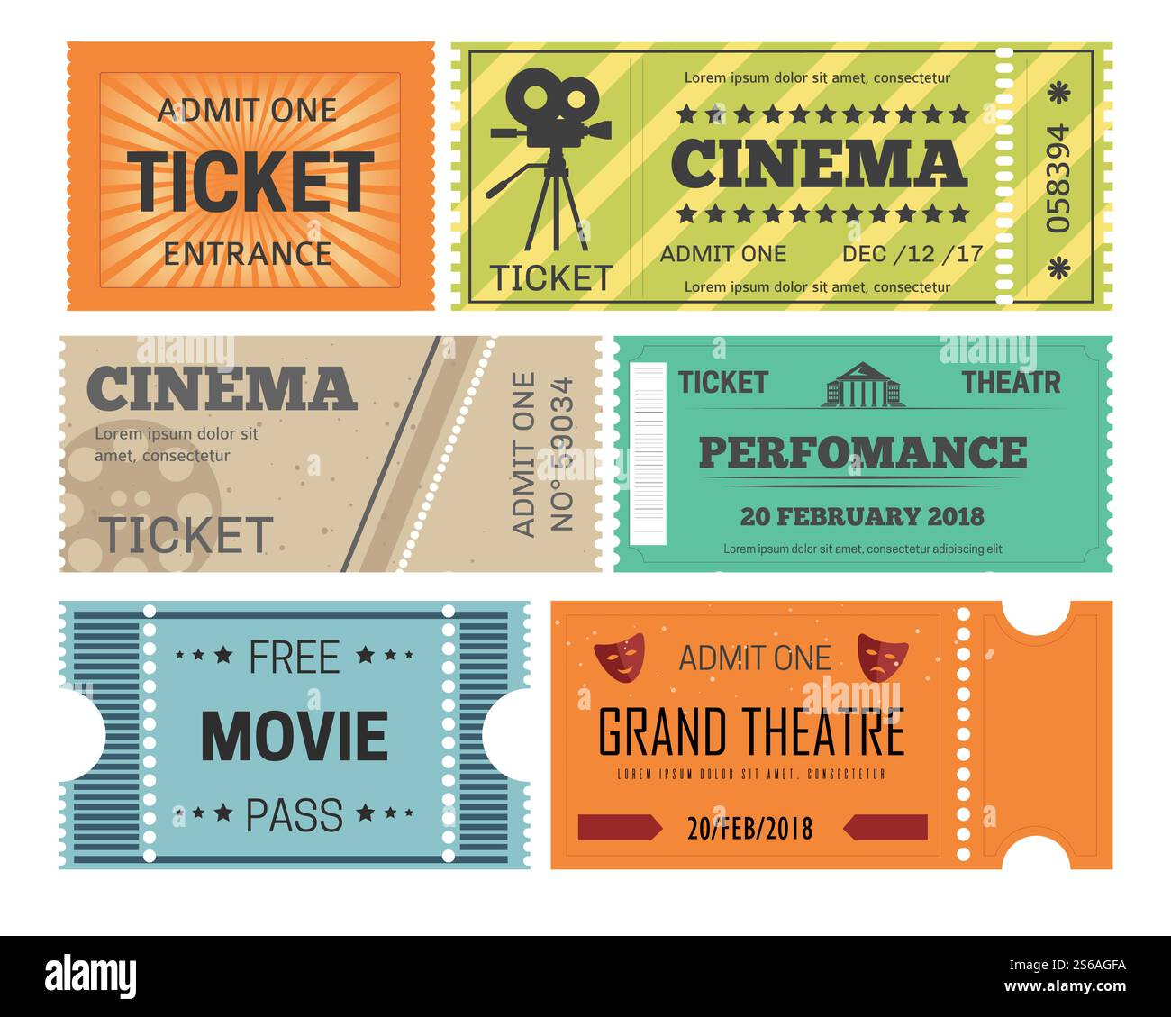 Cinema and theater ticket admission or paper pass vector isolated ...