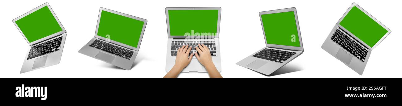 Set of laptops with green screen on white background Stock Photo - Alamy