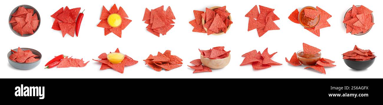 Set of tasty red nachos on white background Stock Photo - Alamy