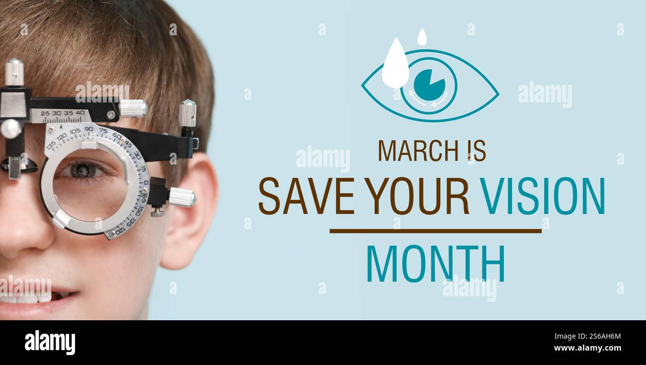 Banner for Save Your Vision Month with little boy in trial frame Stock ...