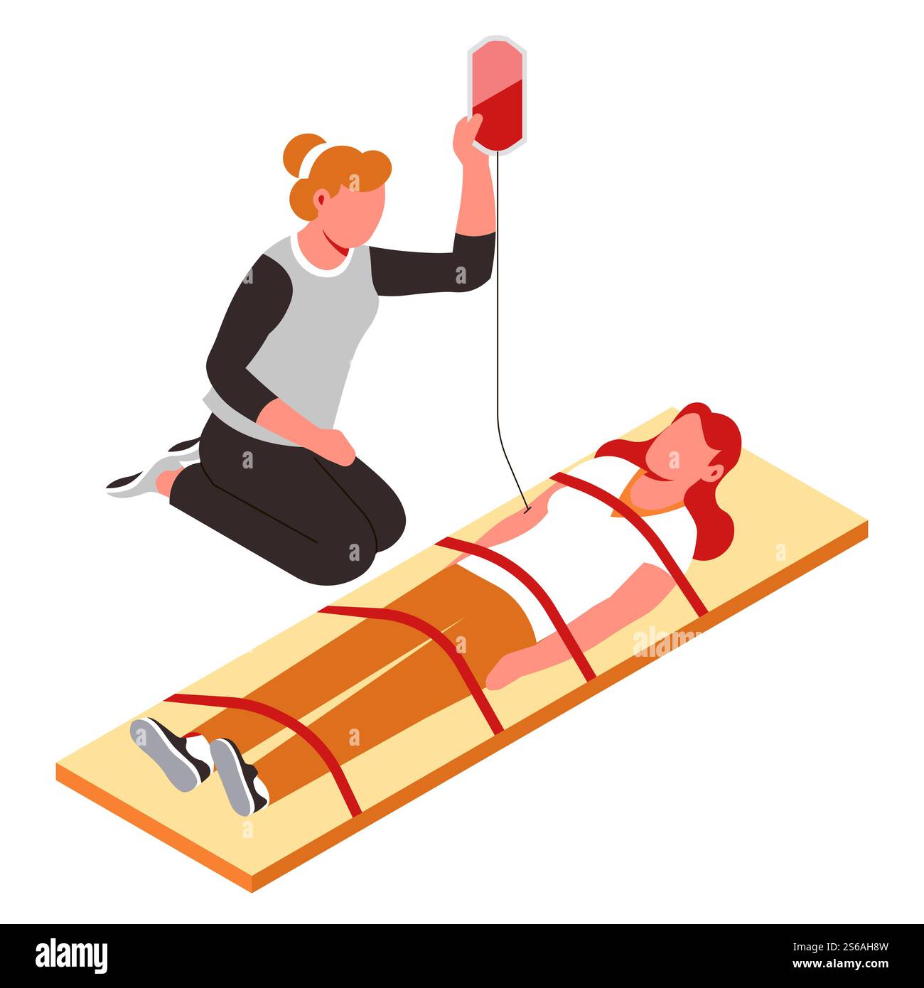 First aid medical help nurse and patient spine fixation on stretcher ...