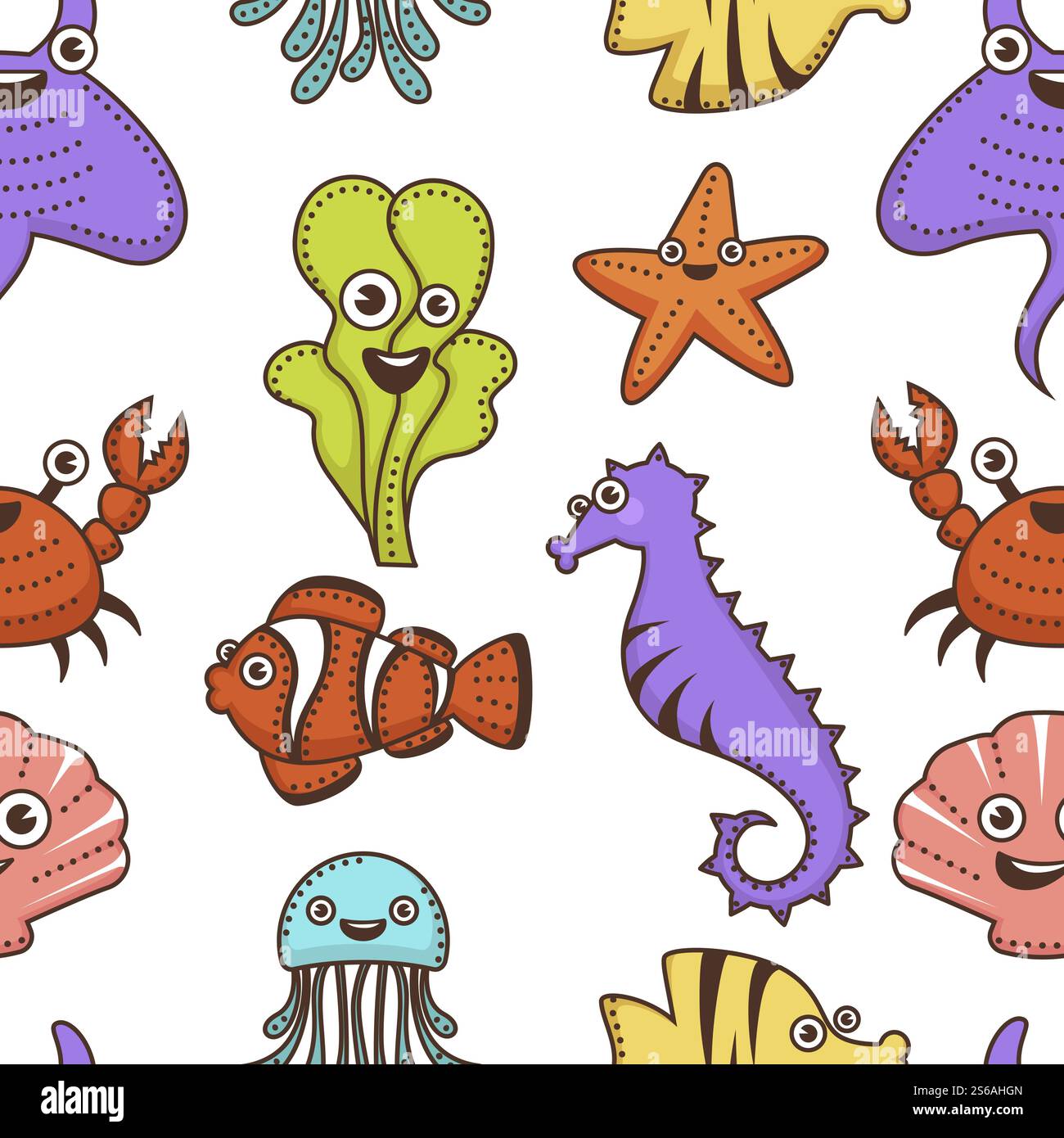 Marine underwater animals and plants cartoon characters seamless ...