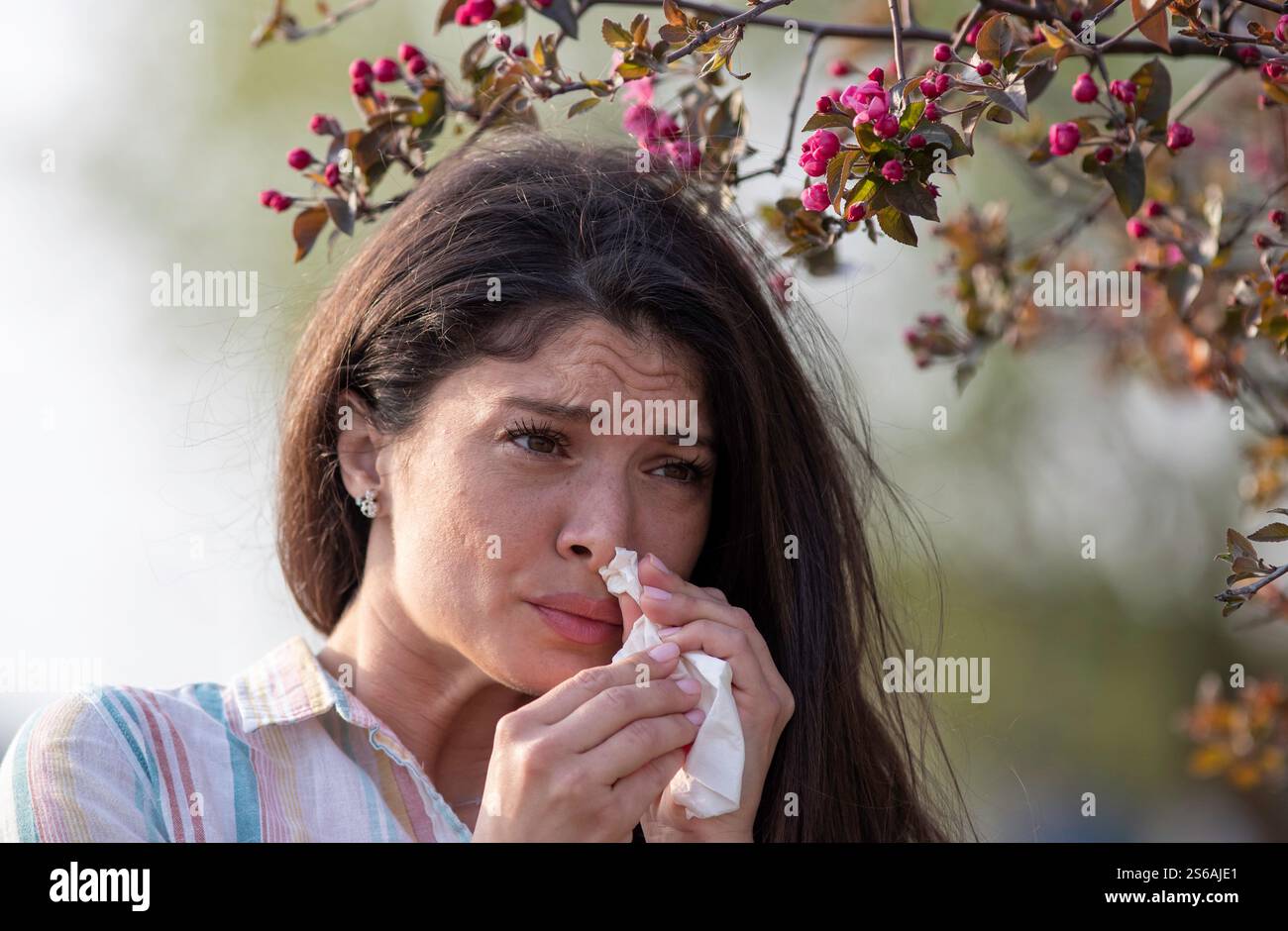 Young woman wiping nose with napkin in front of blooming tree. Spring allergy attack concept ...