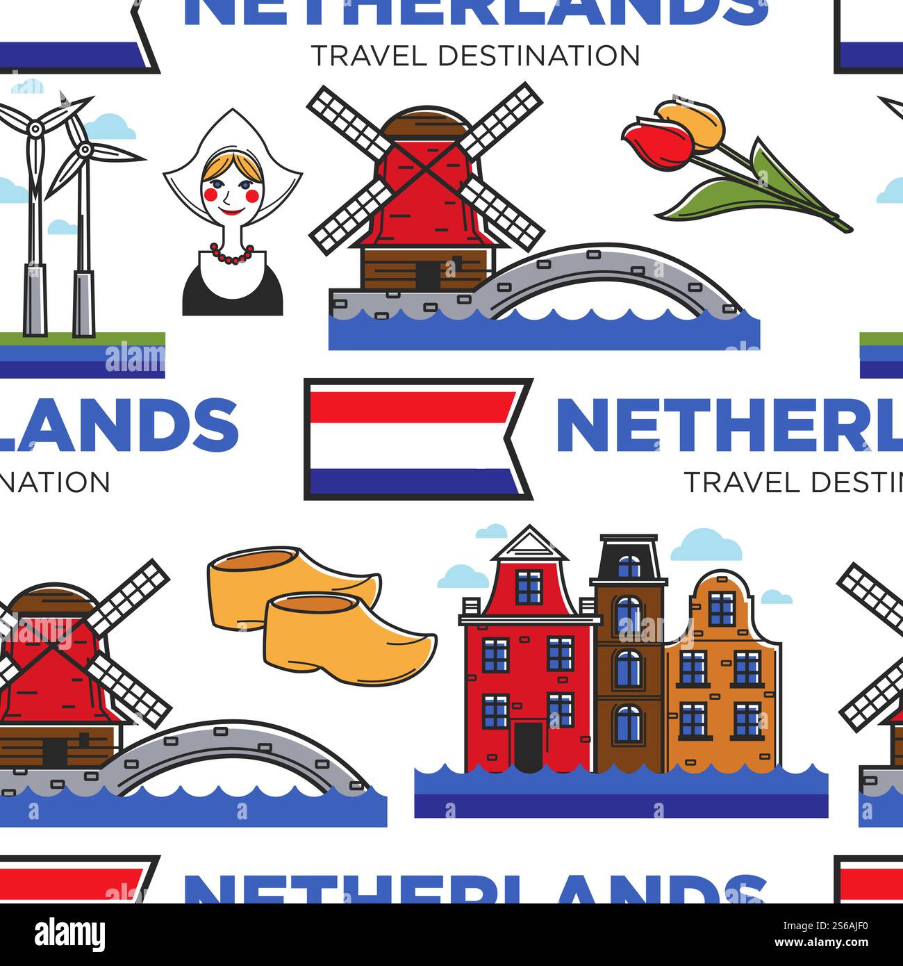 Holland or Netherlands symbols seamless pattern vector nun woman and clogs footwear tulip flower ...