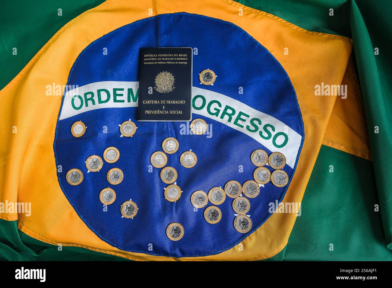 Rio de Janeiro April 2, 2020. Coins (money) of Brazil on the background ...
