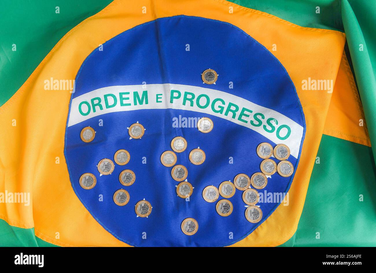 Rio de Janeiro April 2, 2020. Coins (money) of Brazil on the background ...
