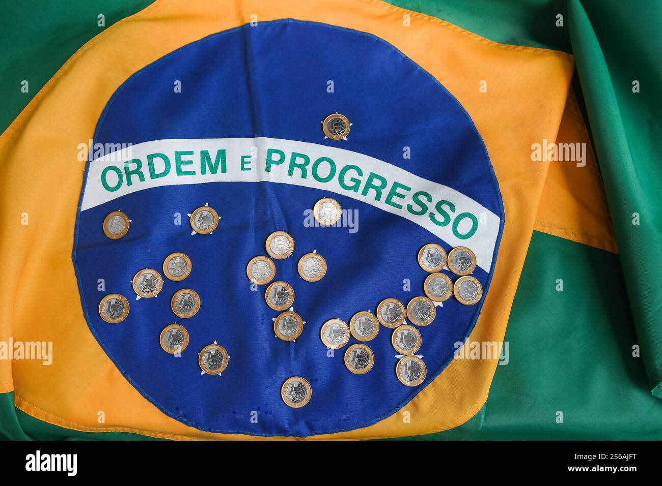 Rio de Janeiro April 2, 2020. Coins (money) of Brazil on the background ...