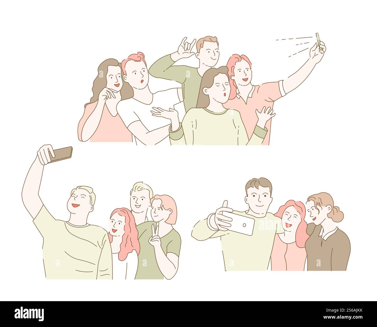 Friends meeting classmates gathering taking selfie on smartphone photo ...