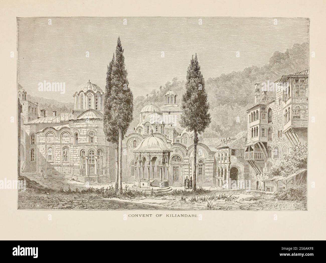 Convent of Kiliandari, Mount Athos , Greece. Vintage engraving ...