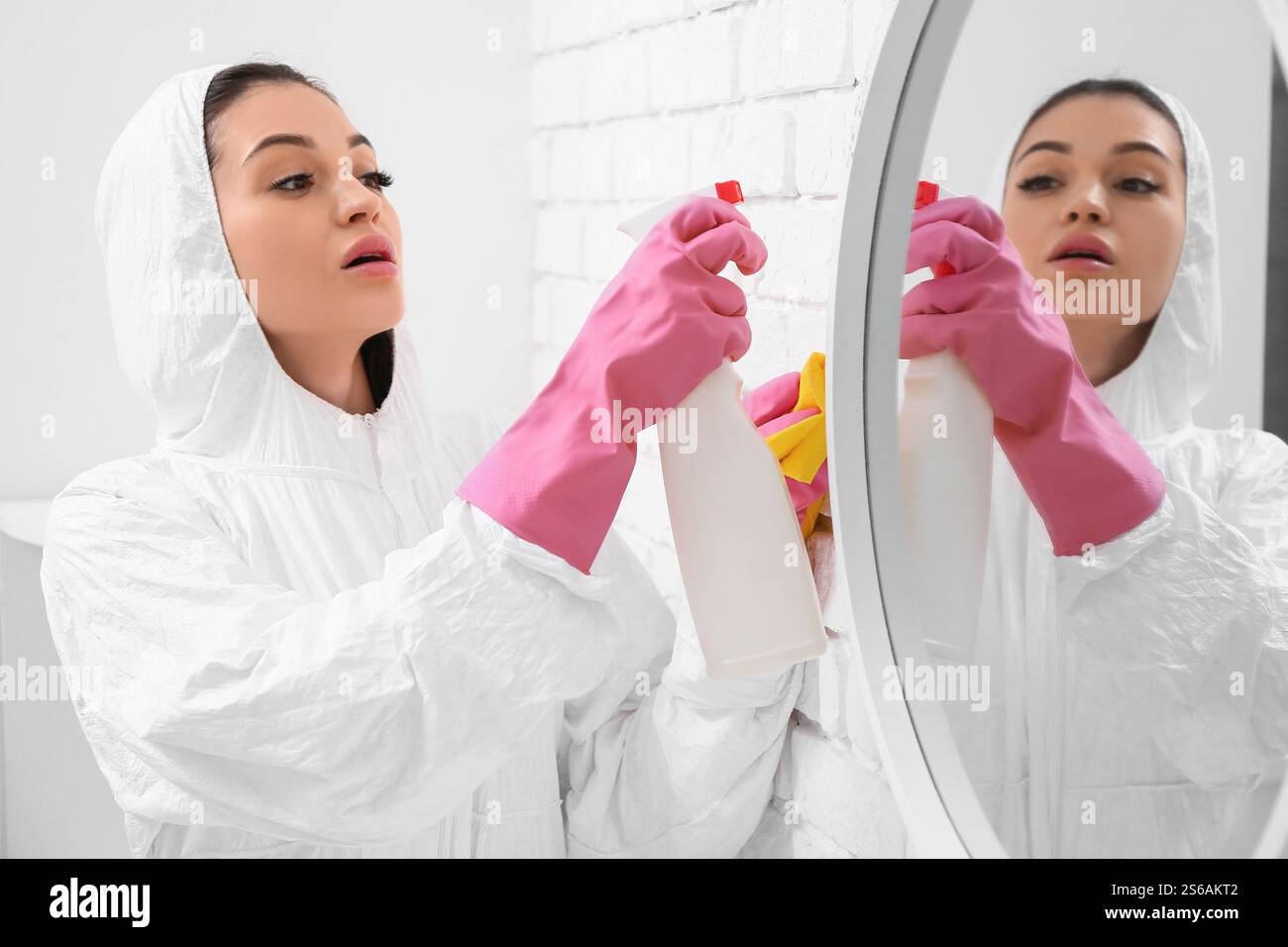 Female worker of cleaning service with spray bottle and sponge removing ...