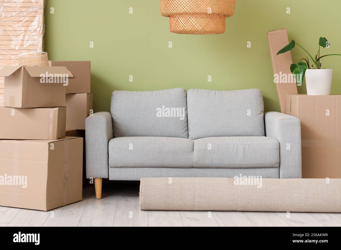 Cardboard boxes with grey sofa and rolled carpet near green wall in ...
