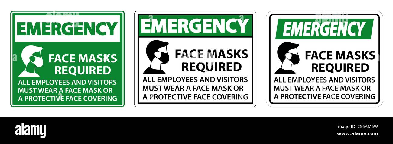 Emergency Face Masks Required Sign on white background Stock Vector ...