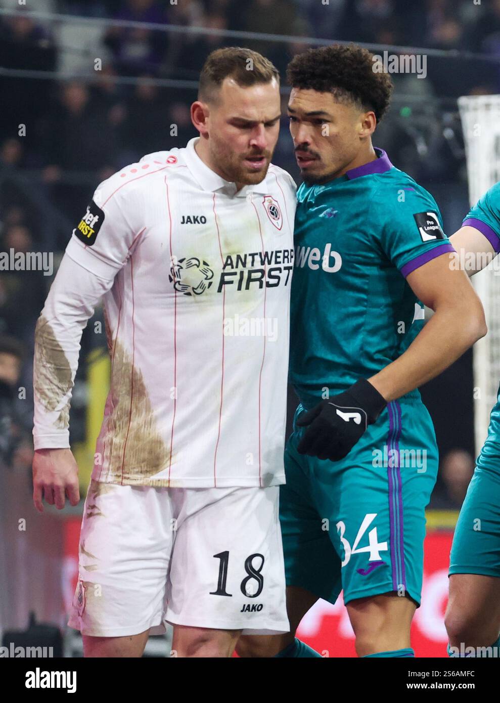 Brussels, Belgium. 16th Jan, 2025. Antwerp's Vincent Janssen and Anderlecht's Adryelson Silva ...