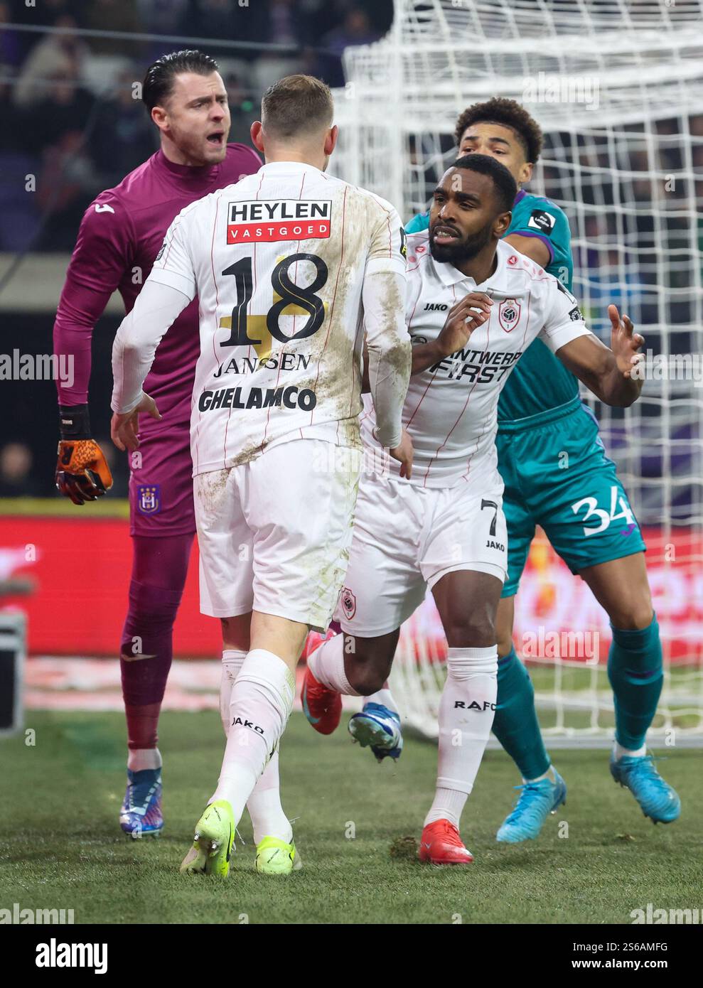 Brussels, Belgium. 16th Jan, 2025. Antwerp's Vincent Janssen and Anderlecht's Adryelson Silva ...