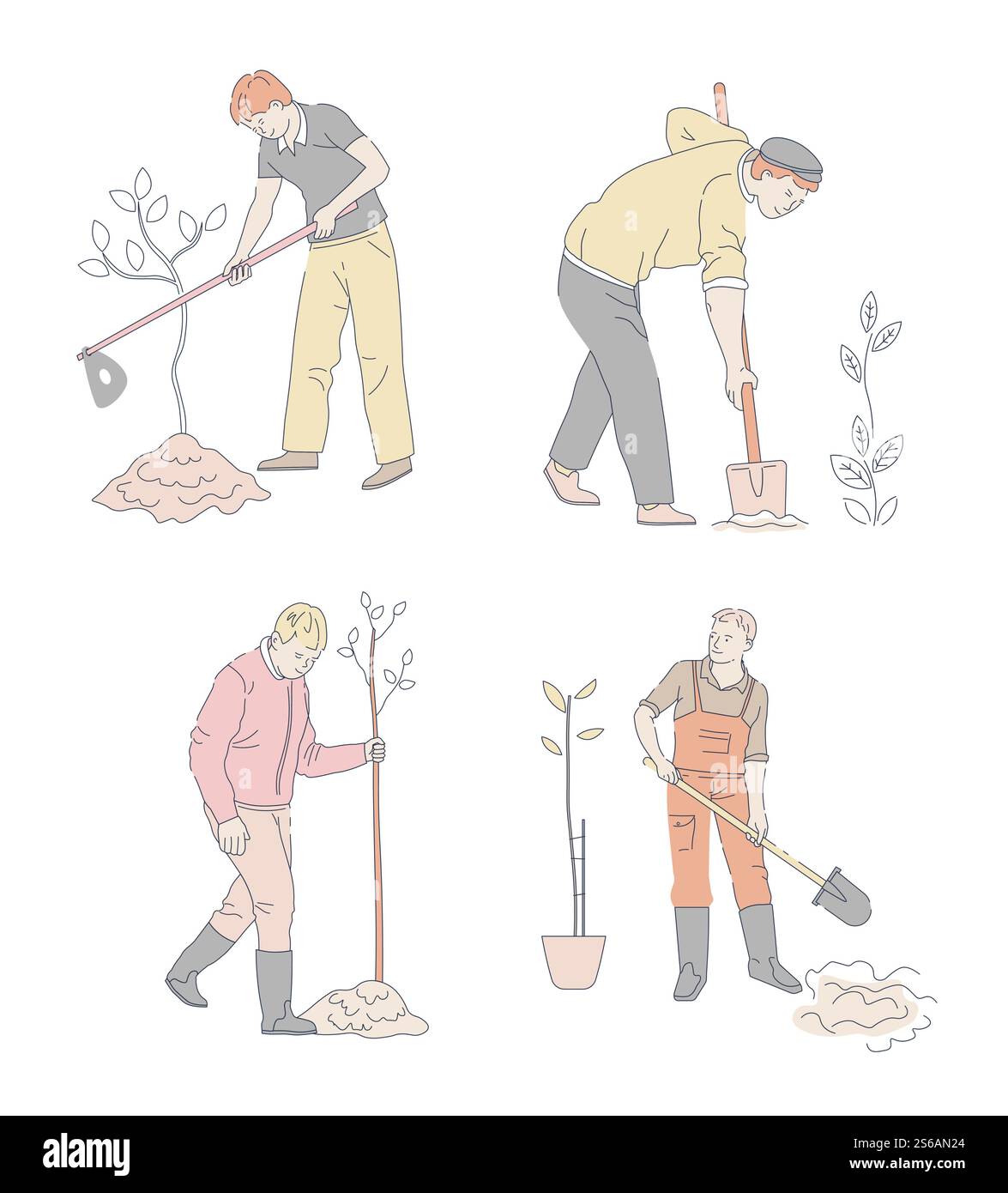 Garden or orchard men planting trees or bushes in ground vector ...