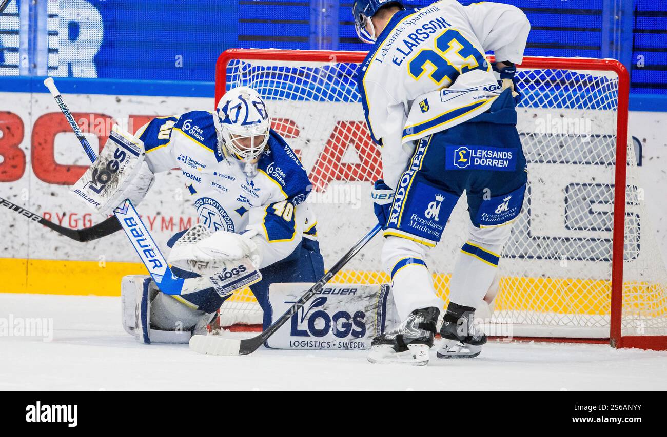 Leksand, Sverige. 16th Jan, 2025. 250116 Leksands målvakt Mantas Armalis under ishockeymatchen i ...