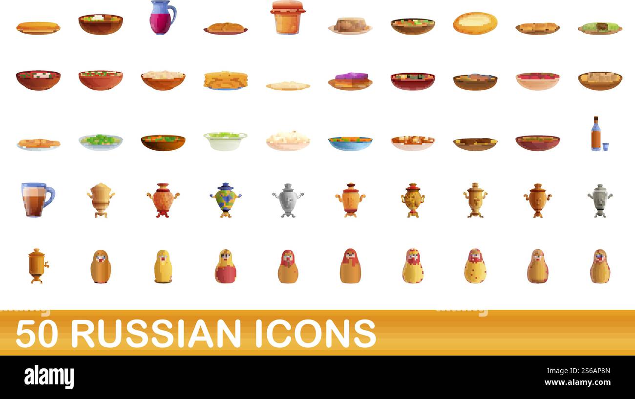 50 russian icons set. Cartoon illustration of 50 russian icons vector ...