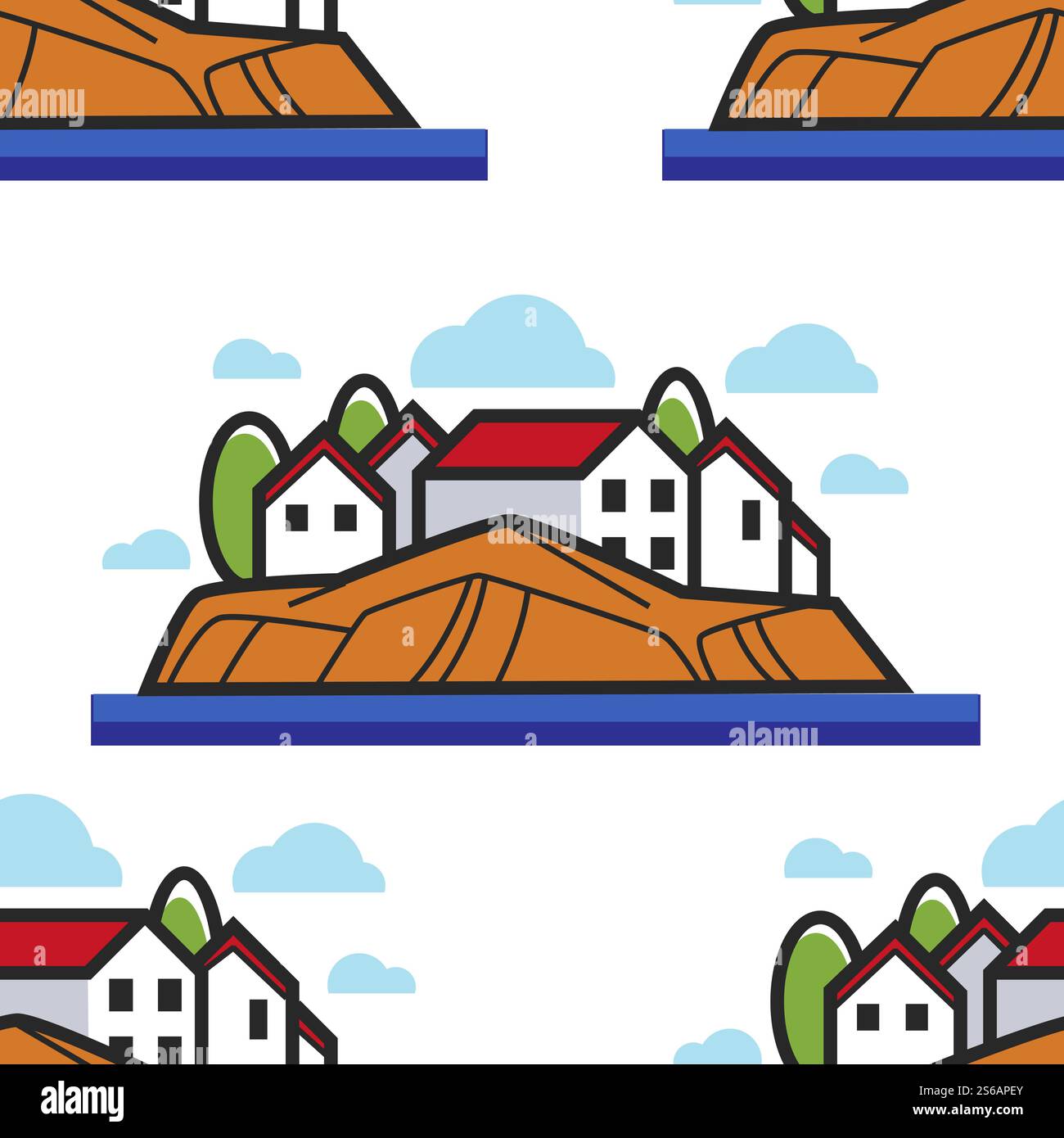Houses on hill near sea Montenegro landscape seamless pattern traveling ...