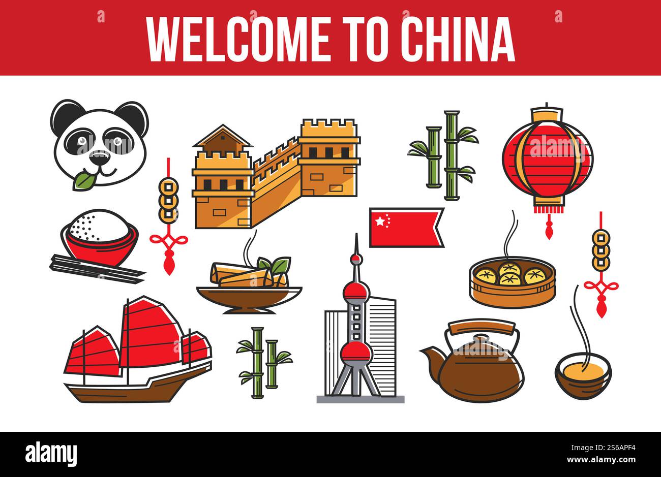 Chinese culture China national symbols traveling and tourism vector ...