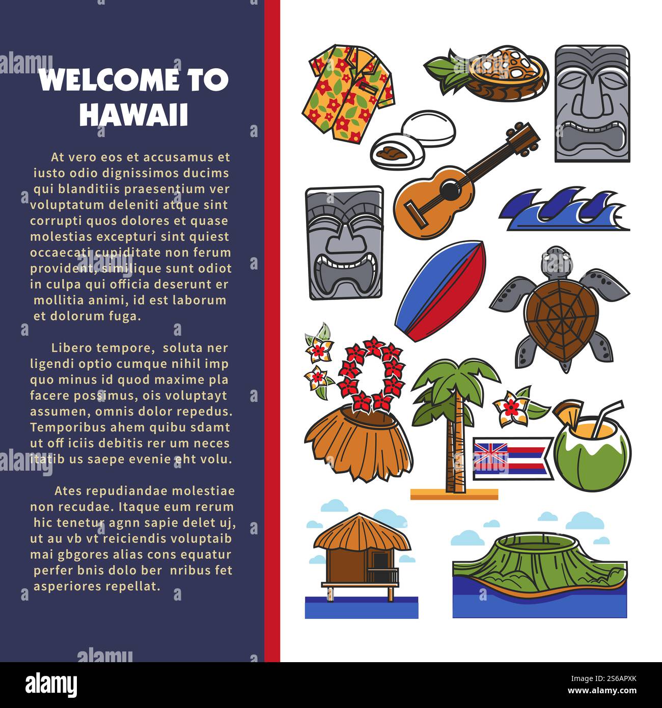 Beach resort Hawaii symbols Hawaiian culture tourism vector flower ...