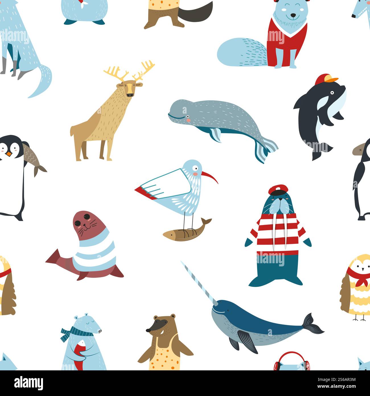 Arctic animals and birds seamless pattern vector reindeer and seal ...