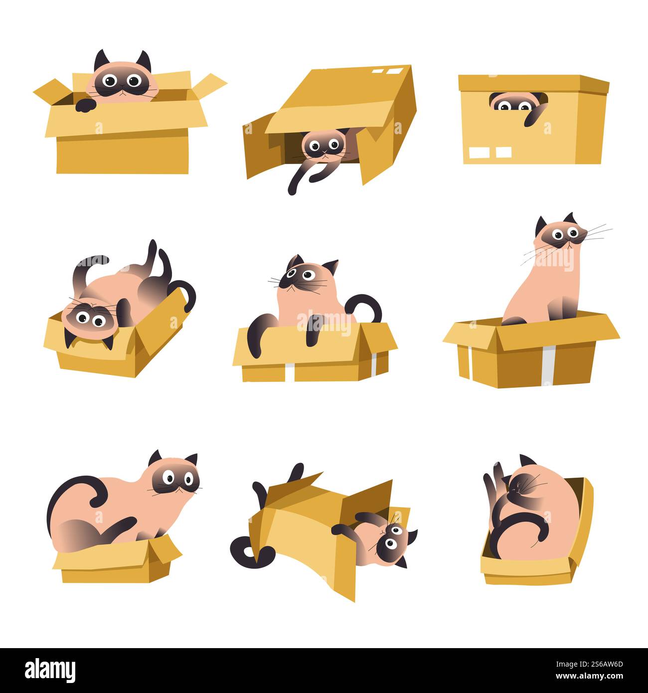 Pet or Siamese cat playing with box isolated icons domestic animal ...