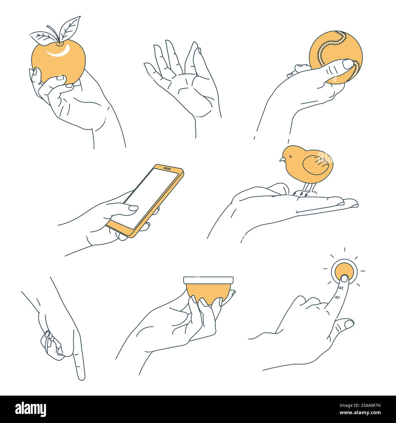 Human palm holding objects hand outline isolated vector body part apple ...