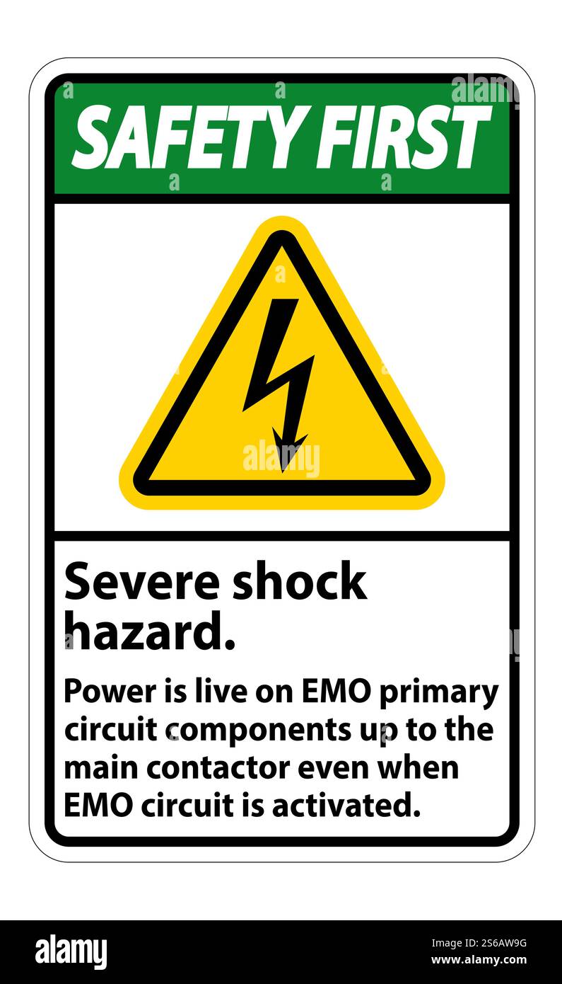 Safety First Severe shock hazard sign on white background Stock Vector ...
