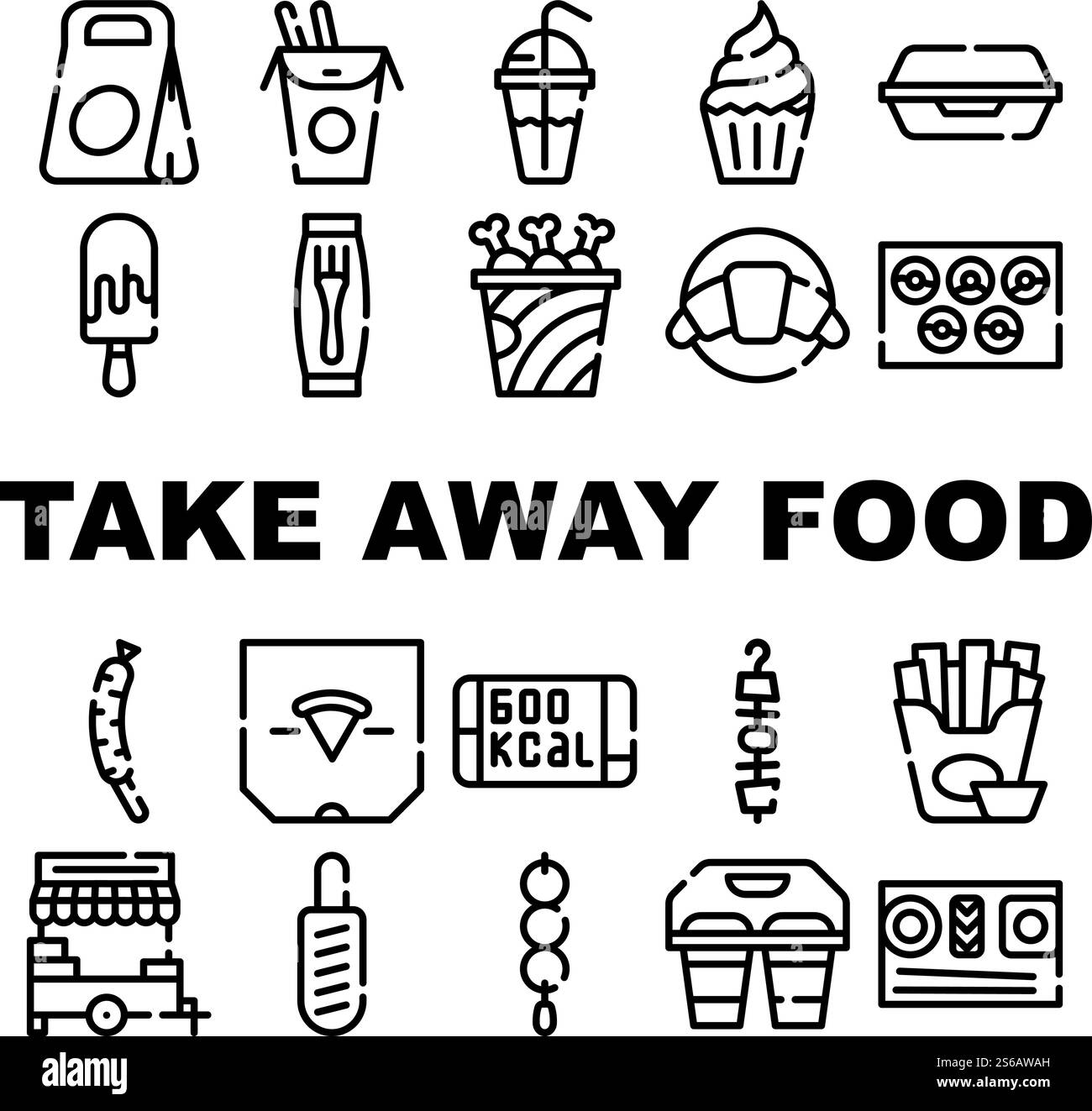 Take Away Food Service Collection Icons Set Vector. Pizza And Sushi ...