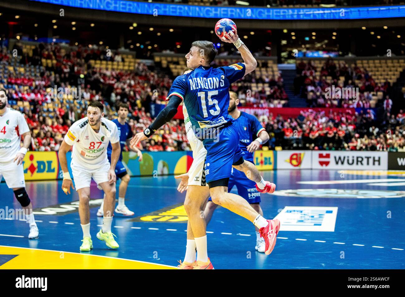 Herning, Denmark. 16th, January 2025. Simone Mengon (15) of Italy seen ...