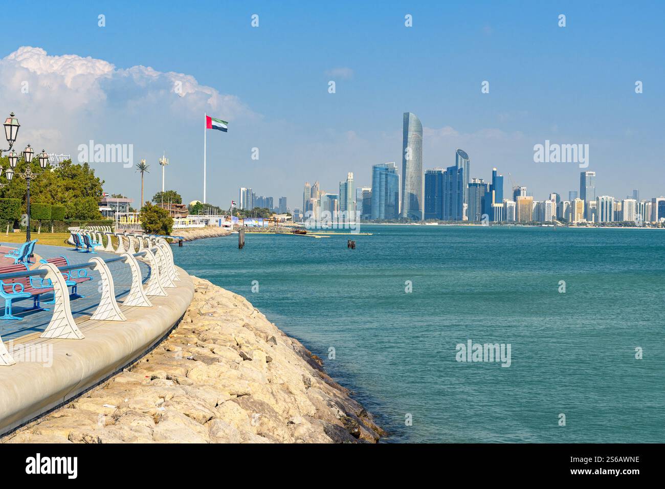Abu Dhabi, UAE - January 3, 2025: A panoramic view of the Corniche ...