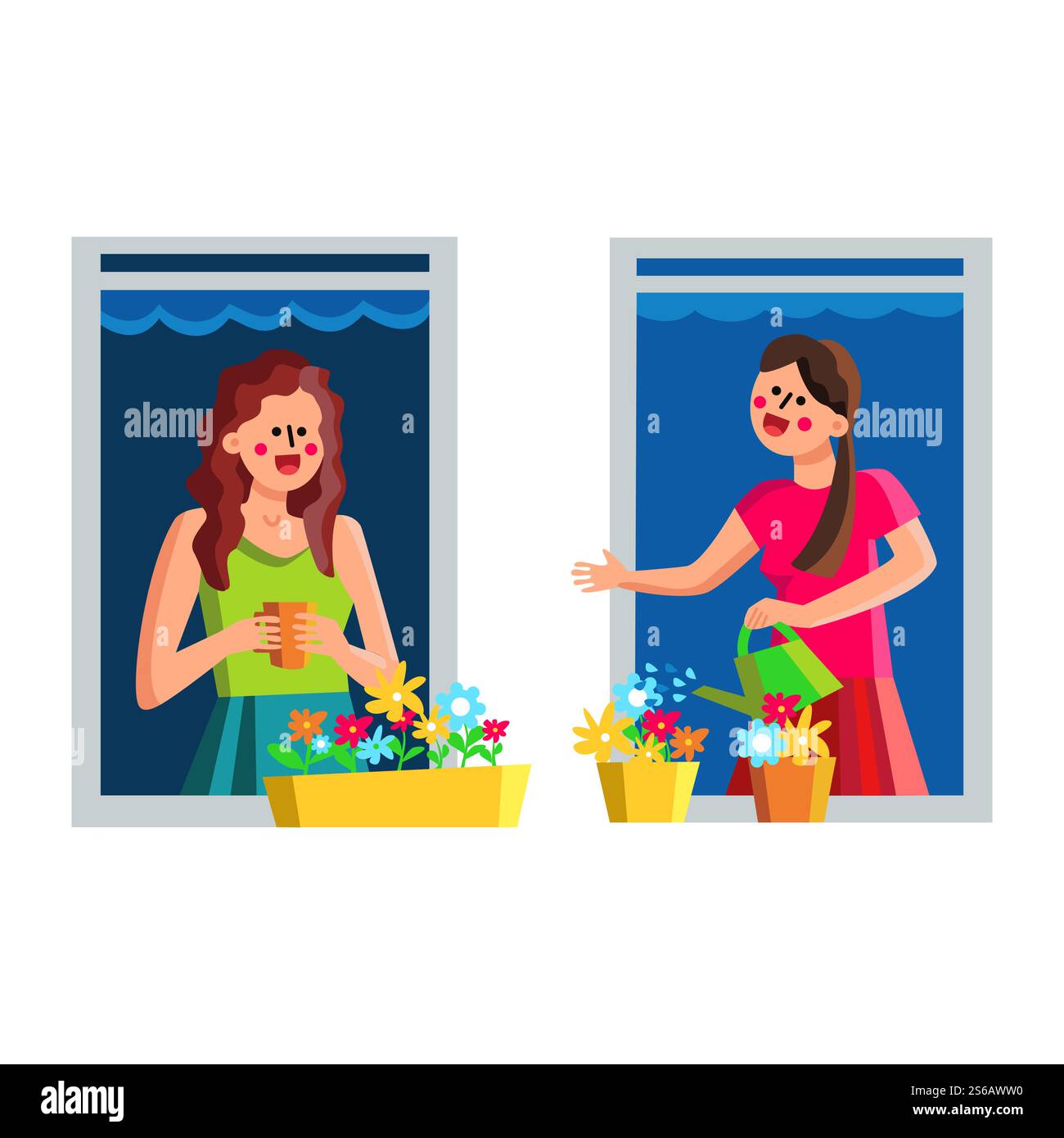 Neighbor Women Discussing Through Window Vector. Girl Watering Flowers ...