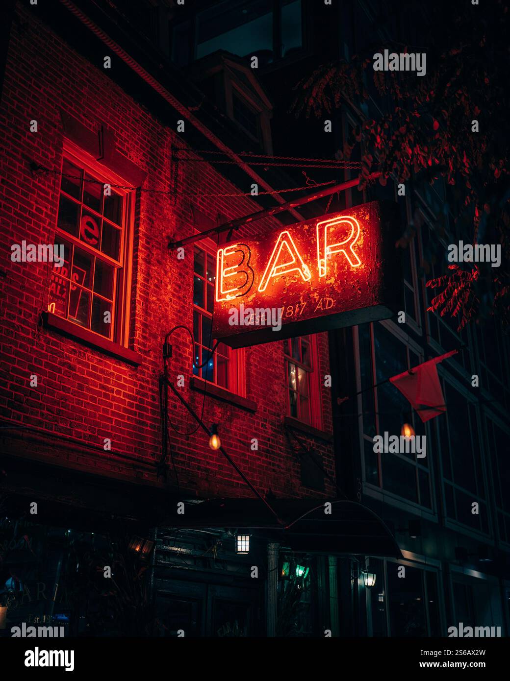 Ear Inn "Bar" neon sign at night in Hudson Square, Manhattan, New York ...
