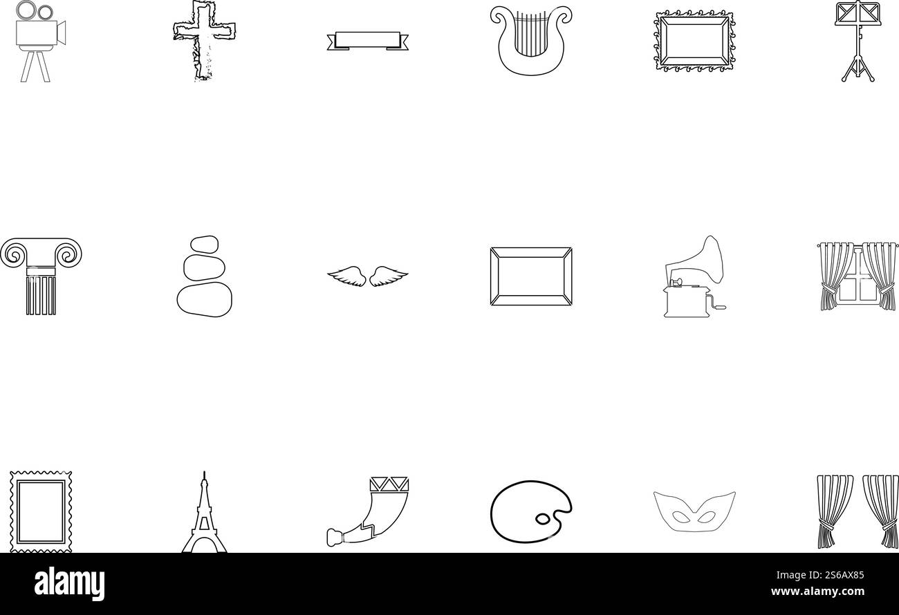 Vintage art objects black color set outline style vector illustration ...