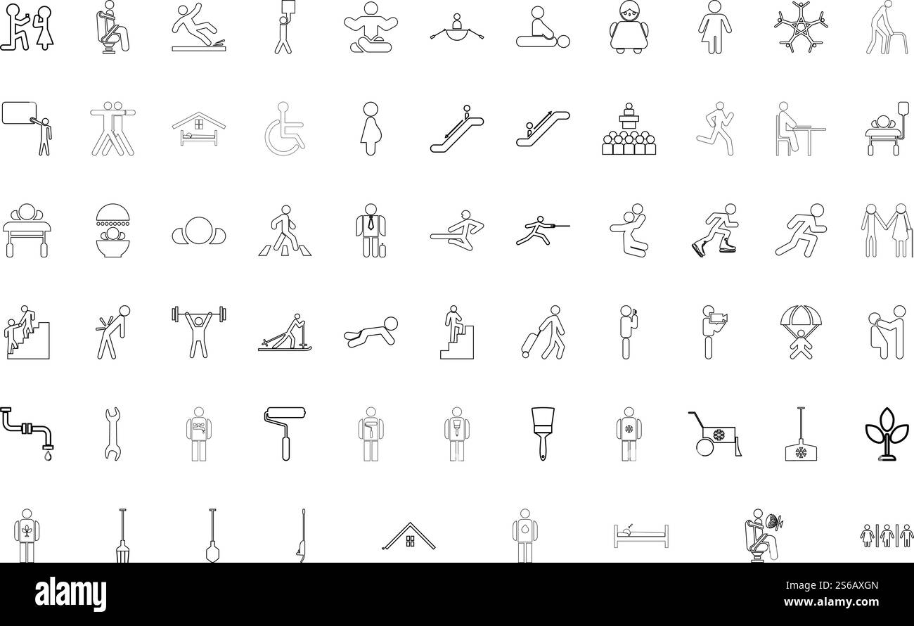 Stick figure black color set solid style vector illustration. Stick ...