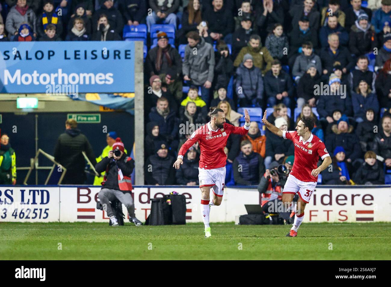 #26, Steven Fletcher of Wrexham (left) is congratulated for his goal by ...