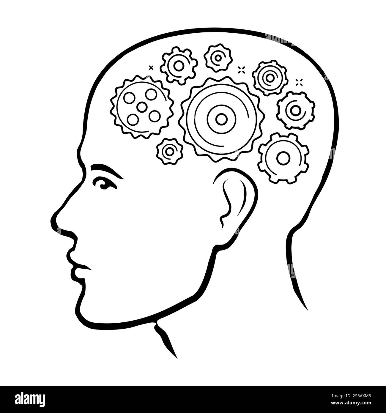 Human head with gears and cogwheels. Brain thinks in process, mind ...