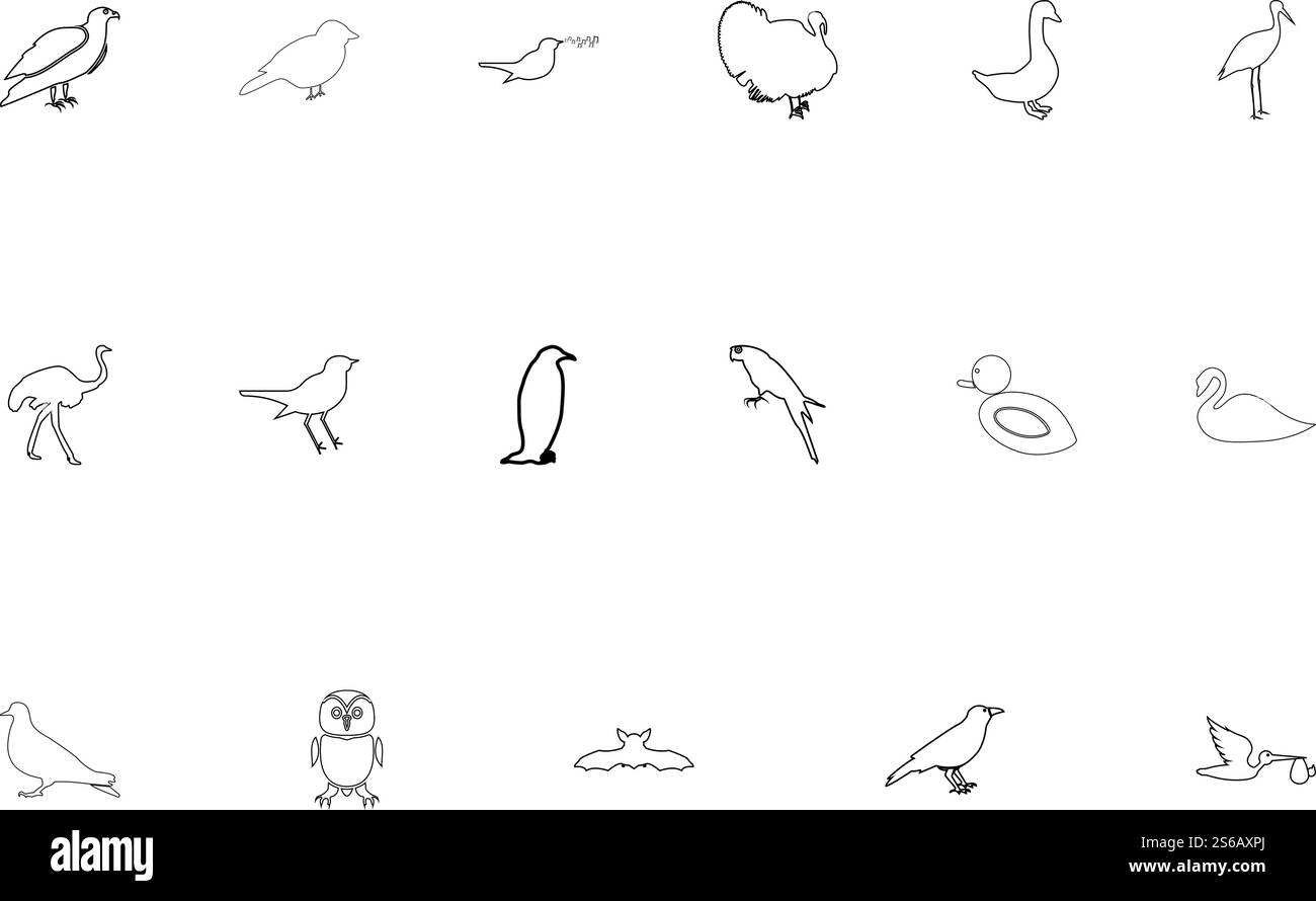 Birds black color set outline style vector illustration. Birds black ...